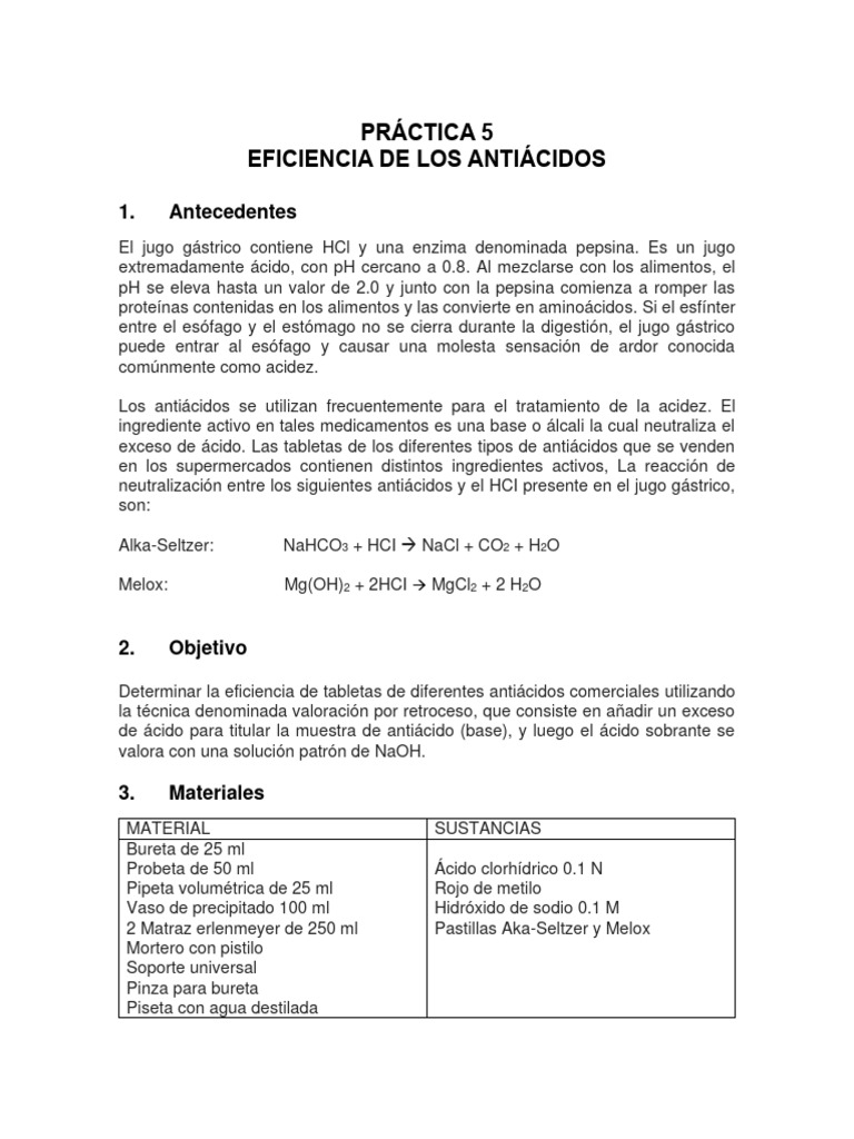 Práctica QA EFICIENCIA DE LOS ANTIÁCIDOS | PDF | Ácido clorhídrico | Ácido