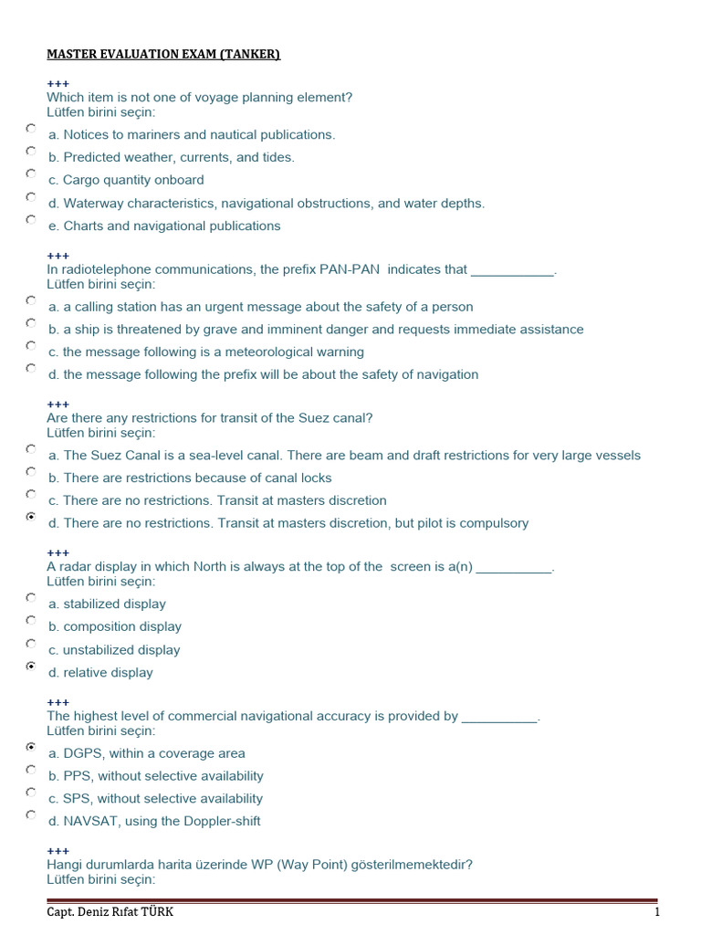 MTR Master Evaluation Exam (Tanker) | PDF | Compass | Radar
