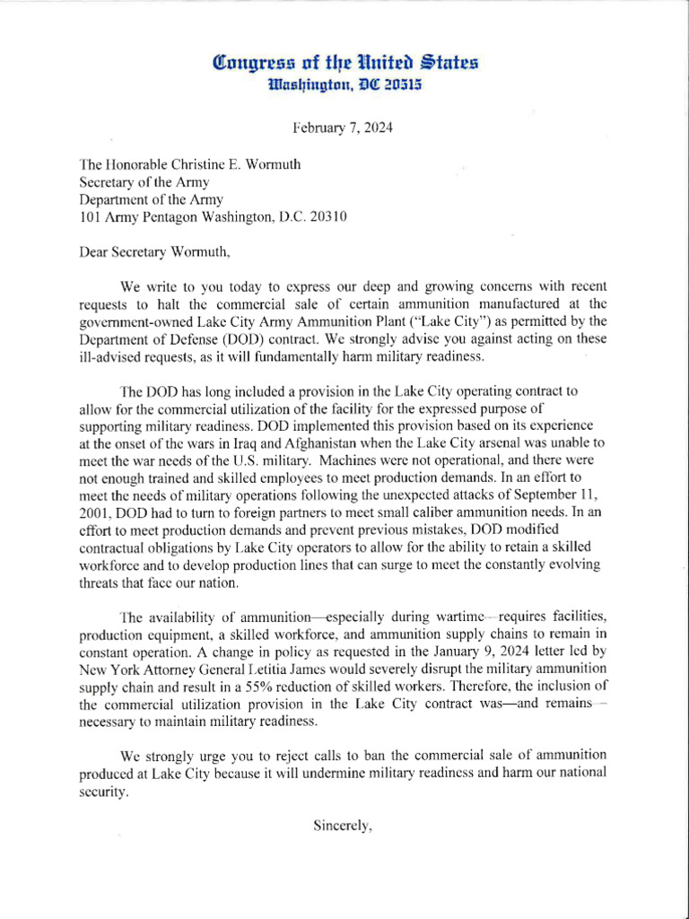 NSSF Hails Bicameral Letter Protecting Lake City Army Ammunition Plant ...