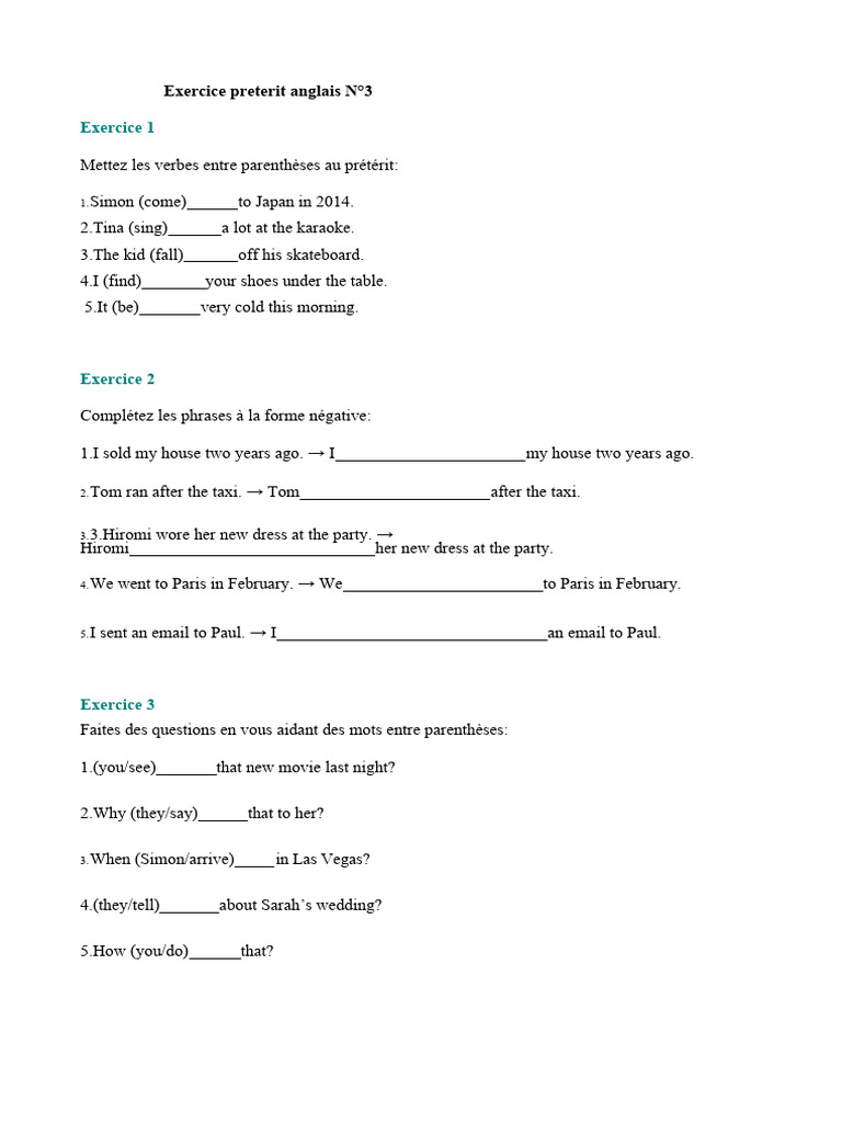 Prétérit Anglais Exercice N°3 | PDF