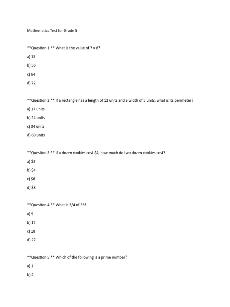 Mathematics Test For Grade 5 | PDF | Teaching Methods & Materials | Art