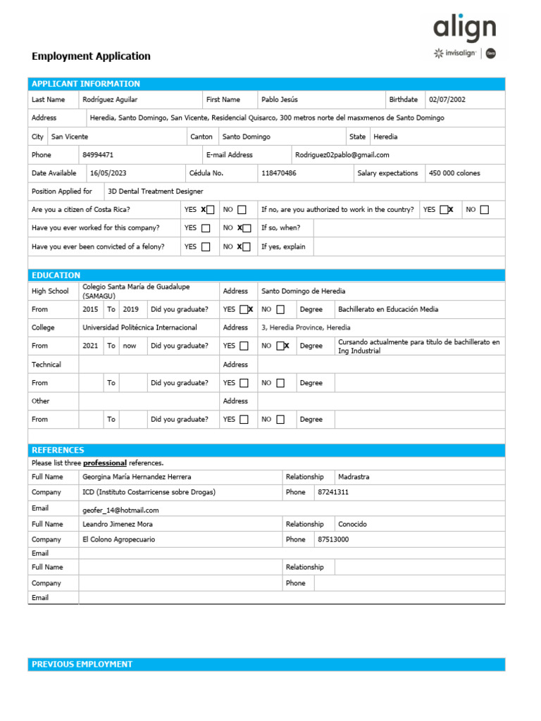 Align Technologies Application Form | PDF