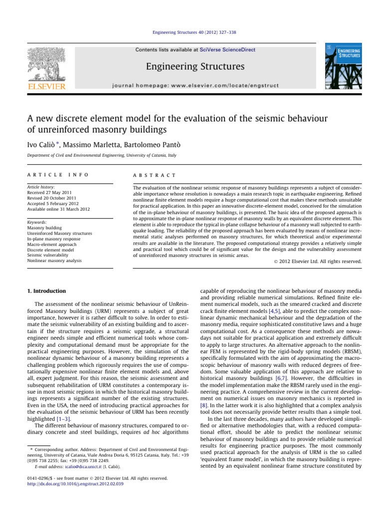 A new discrete element model for the evaluation of the seismic behaviour of unreinforced masonry ...