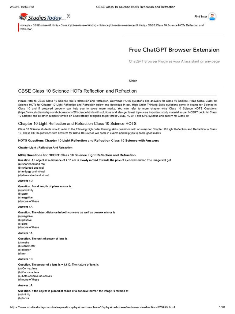 Class 10 Physics: Light HOTS Questions | PDF | Mirror | Optics