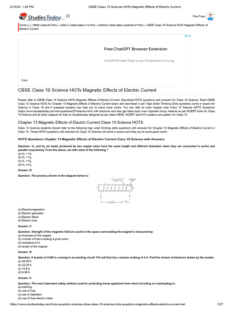 CBSE Class 10 Science HOTs Magnetic Effects of Electric Current | PDF ...