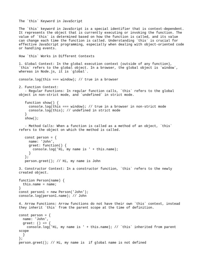The This Keyword In Javascript Pdf Java Script Scope Computer 1231