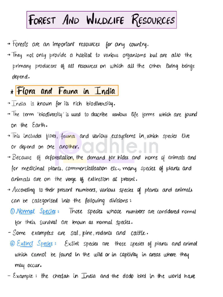 Forest and Wildlife Resources - Class 10 Notes Padhle | PDF