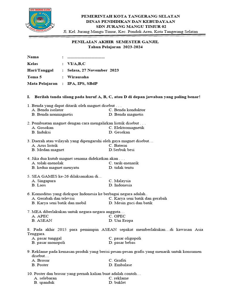 Soal Pas Tema 5 Kls. 6 (Ipa, Ips, SBDP) 2023-2024 | PDF