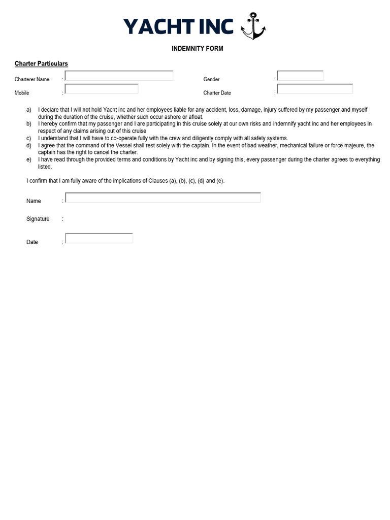 Yacht Inc INDEMNITY FORM | PDF