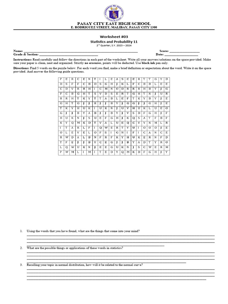 Stat Prob Q2 Activity Or Worksheet No 3 2nd Quarter Pdf