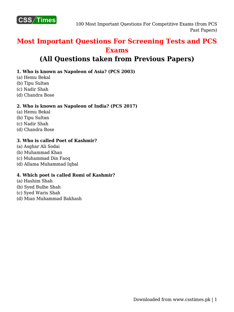 100 Most Important Questions For Competitive Exams (From PCS Past ...