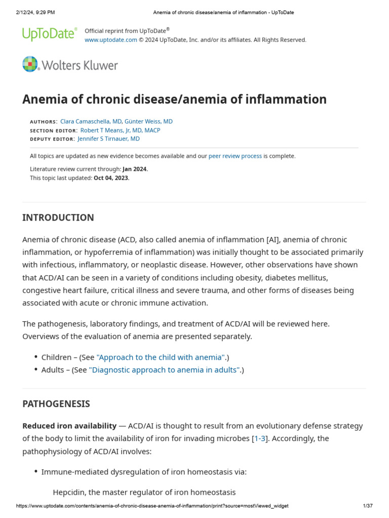Anemia of Chronic Disease - Anemia of Inflammation - UpToDate | PDF ...