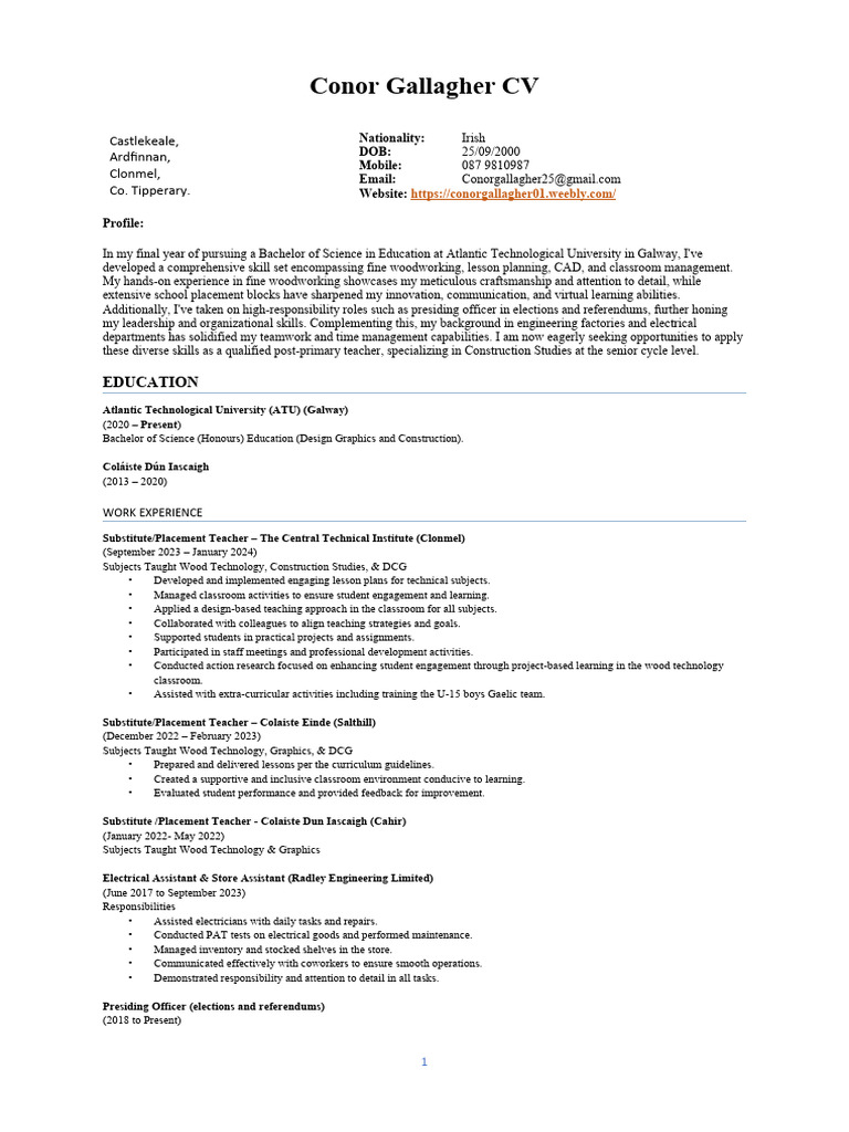 Conor Gallagher CV | PDF | Teachers | Learning