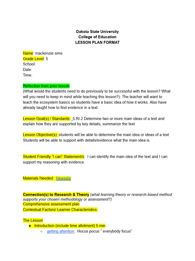 Sims Eled 456 Reading Comprehension Lesson - Dsu Lesson Plan Template - Modified | Download Free ...