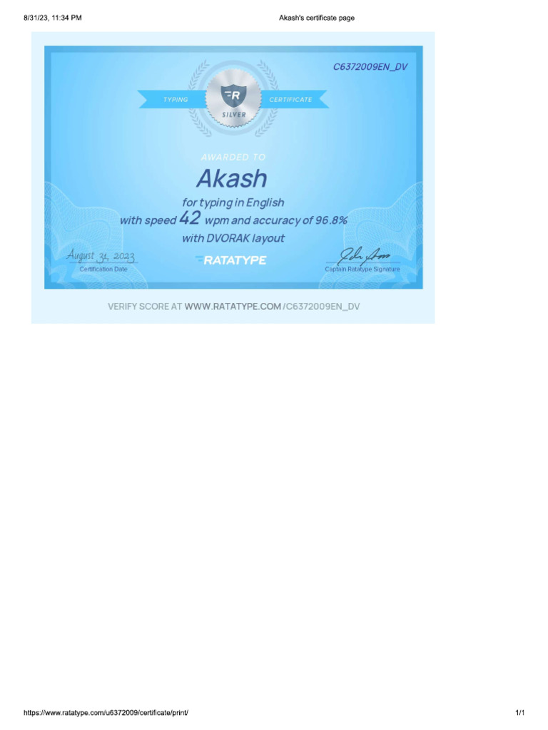 Akash Deep Typing Cert Yi Ficate | PDF