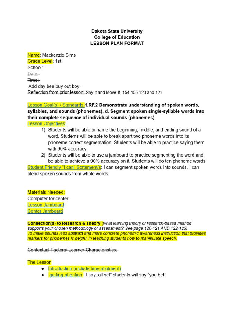 Mackenzie Sims La Pa Dsu Lesson Plan Template - Modified | PDF | Lesson Plan | Phoneme