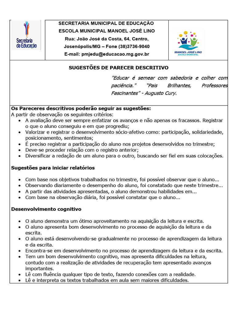 Sugestões para Pareceres Descritivos | PDF | Escrita | Informação