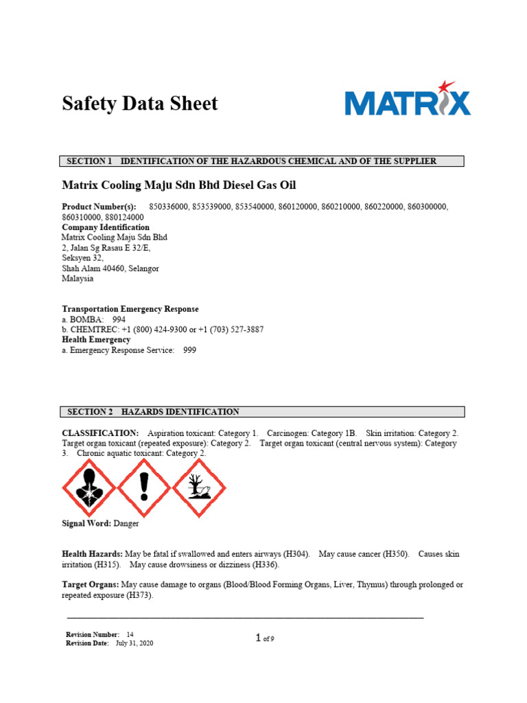 Matrix - Sds Diesel | PDF | Fuel Oil | Oil