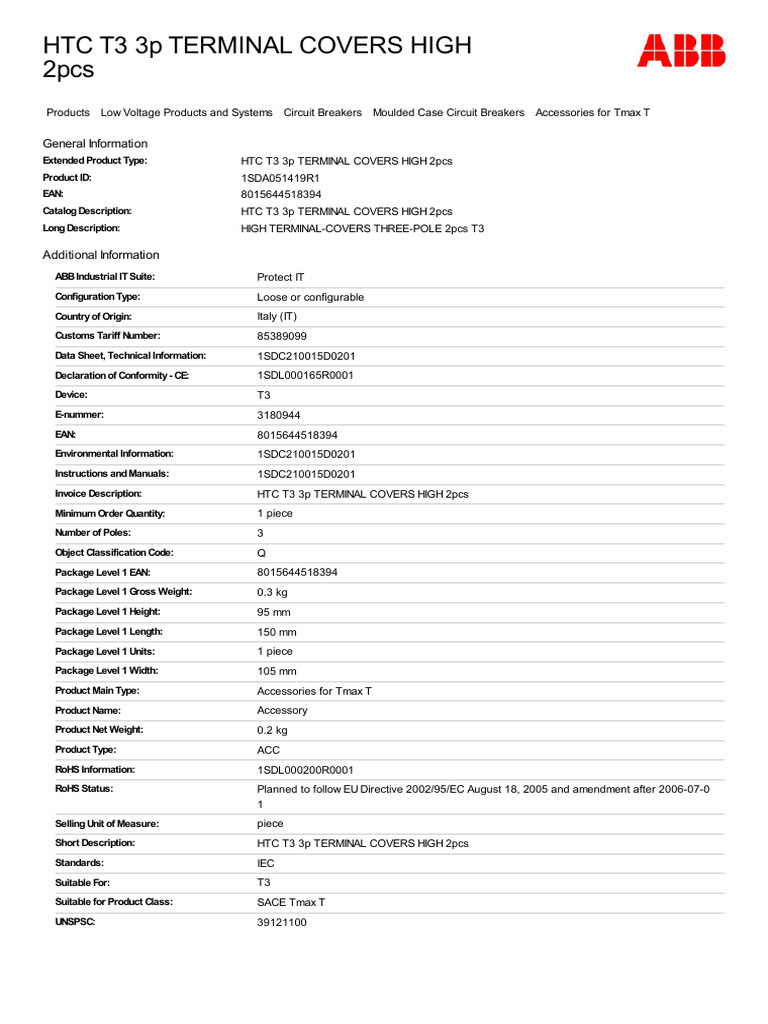 1SDA051419R1 HTC t3 3p Terminal Covers High 2pcs | PDF