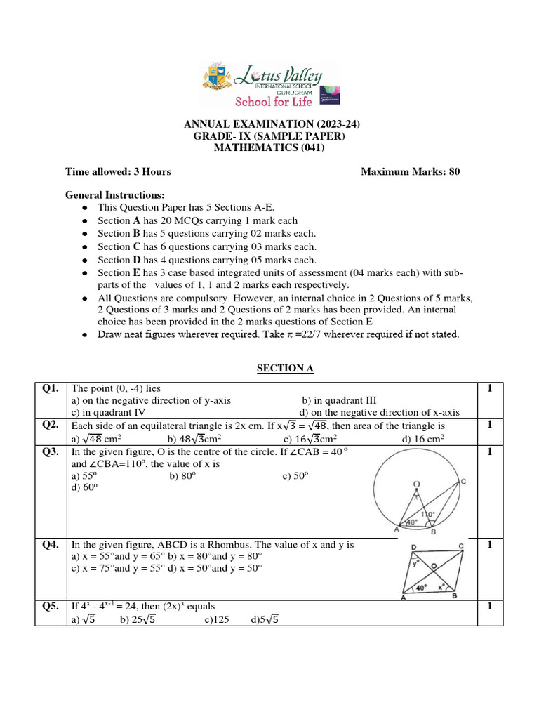 Maths Sample Paper | PDF | Circle | Euclid