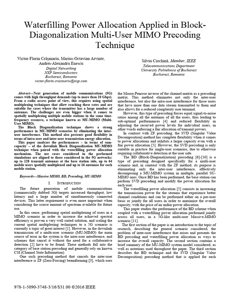 Waterfilling Power Allocation Applied In Block Diagonalization Multi User Mimo Precoding