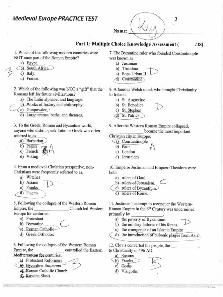 Medieval Europe Practice Test Key | PDF