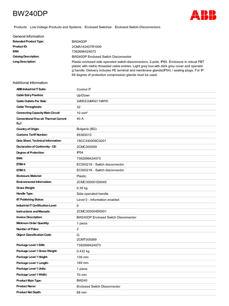 BW240DP Enclosed Switch Disconnector | PDF | Switch | Electromagnetism