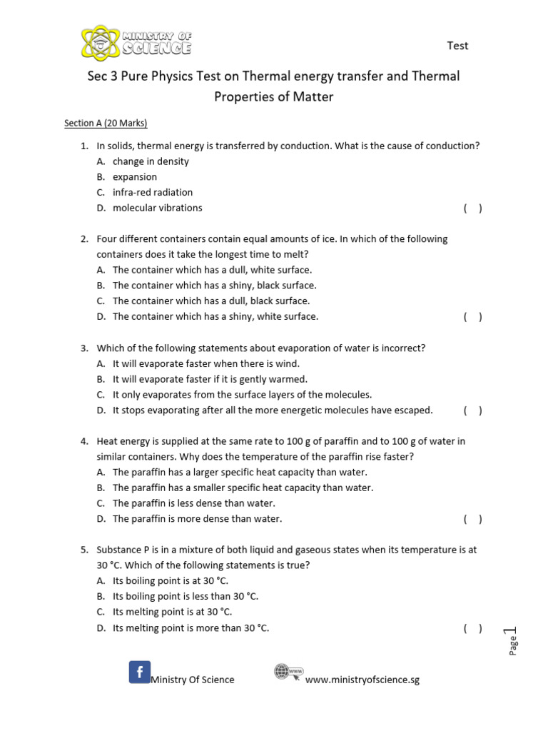 Thermal Energy Transfer Test for Students | PDF | Evaporation | Heat