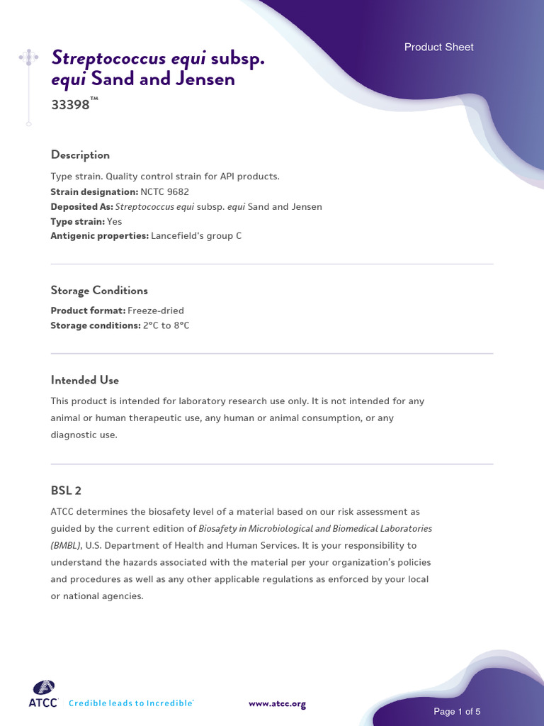Product Sheet - Streptococcus Equi Subsp. Equi Sand and Jensen | PDF ...