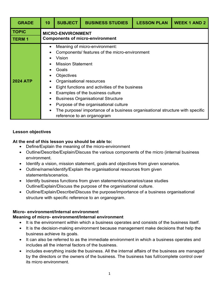 2024 BSTD Grade 10 Chapter 1 Week 1 and 2 Micro Environment | PDF ...