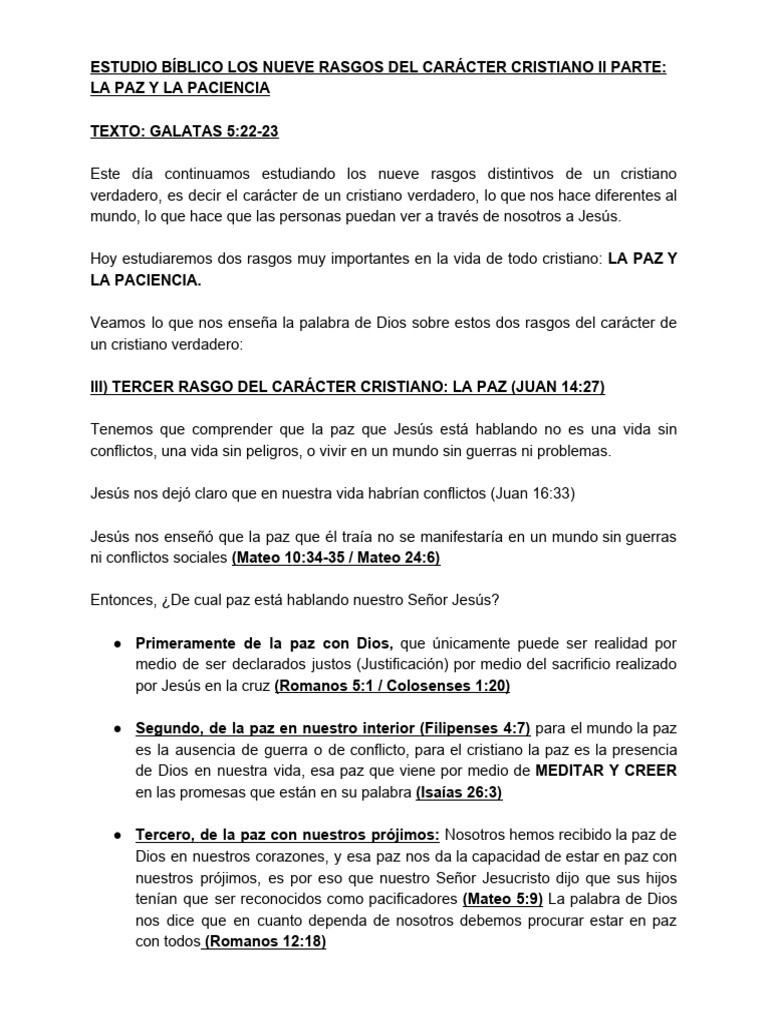 Estudio Bíblico Los Nueve Rasgos Del Carácter Cristiano Ii Parte - La Paz y La Paciencia | PDF ...