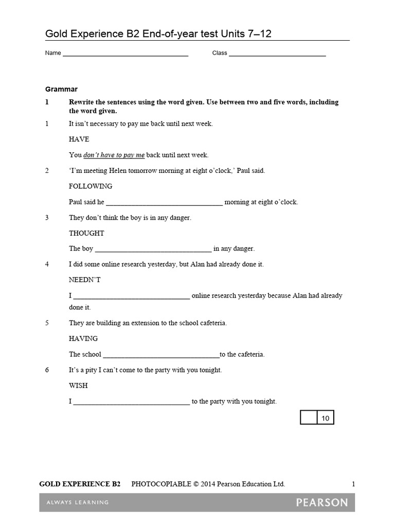 Gold Experience B2 Year-End Test | PDF