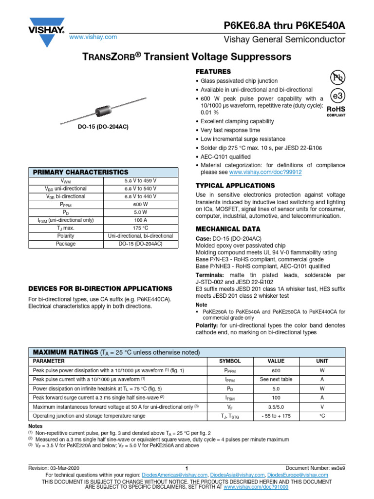 Vishay Intertech P6KE10CA E3 73 - C1666663 | PDF | Integrated Circuit ...