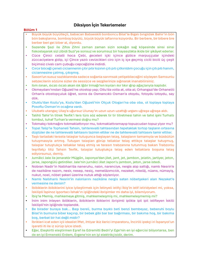 Diksiyon İçin Tekerlemeler | PDF