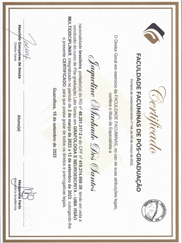 Certificado Frente e Verso Grafologia | PDF