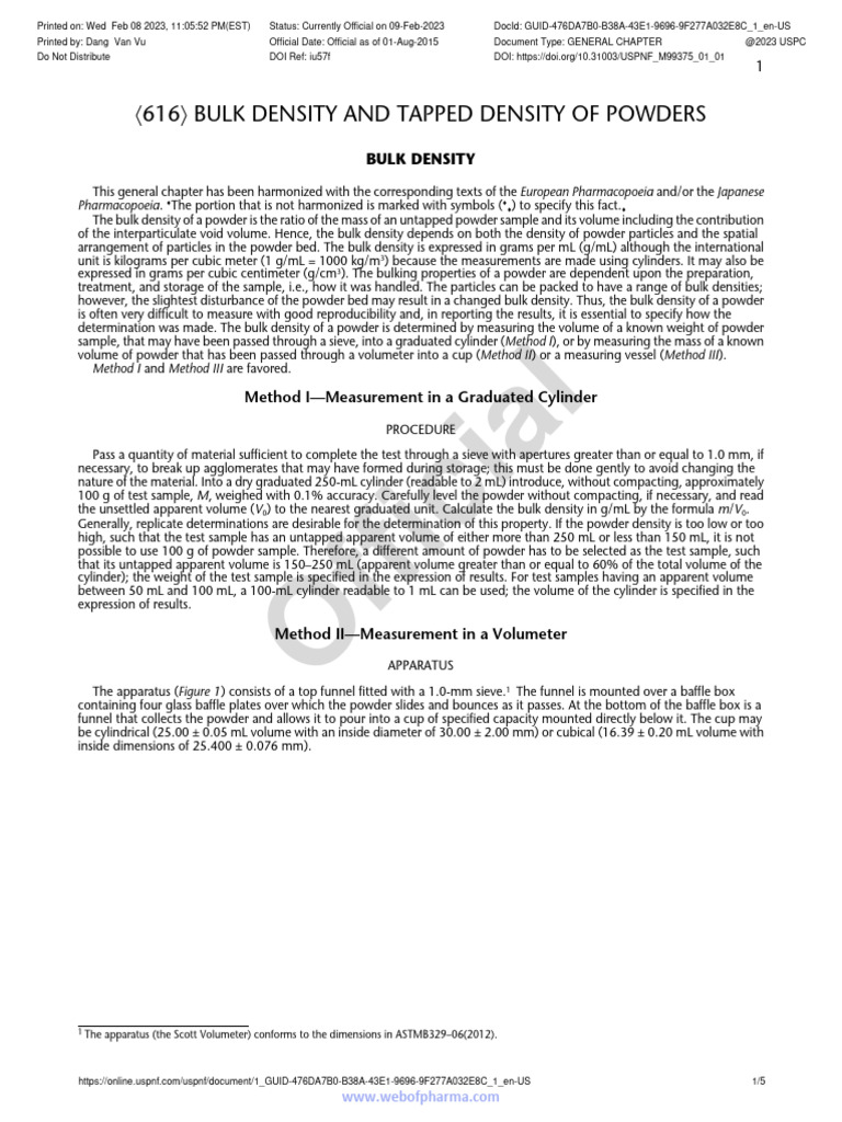 〈616〉 Bulk Density and Tapped Density of Powders | PDF | Density | Volume