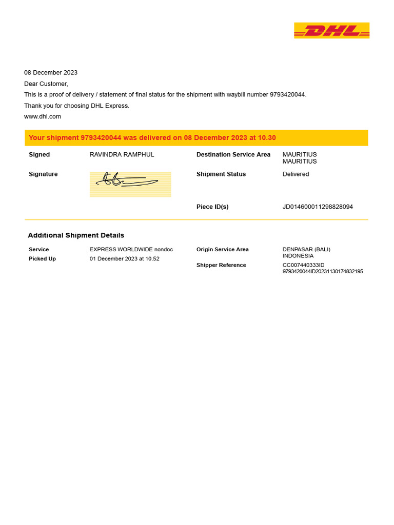 DHL Proof of Delivery - POD - 9793420044 | PDF