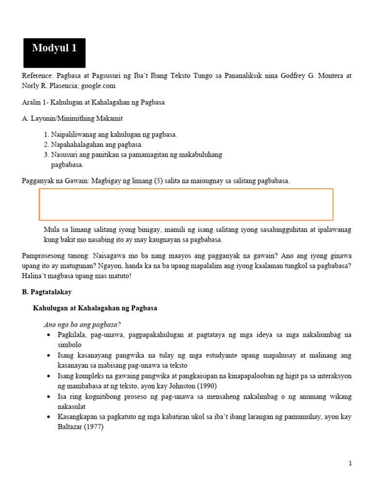 Modyul 1 Pagbasa | PDF