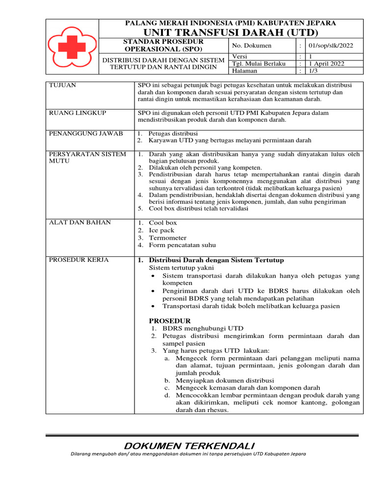 SOP Distribusi Darah PMI JPR | PDF