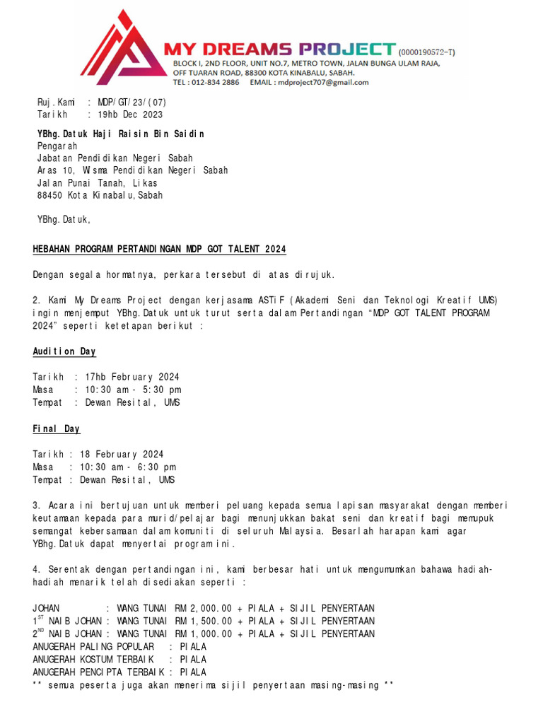 Ruj - Kami: Mdp/Gt/23/ (07) Tarikh: 19Hb Dec 2023: Ybhg - Datuk Haji ...