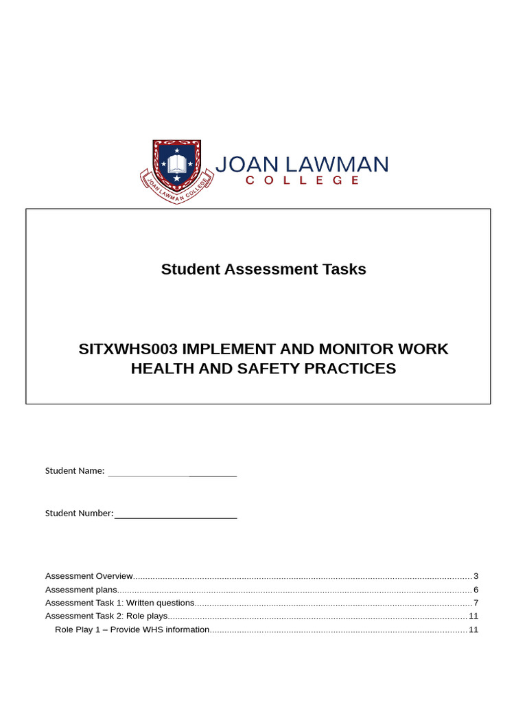 SITXWHS003 IMPLEMENT AND MONITOR WORK HEALTH AND SAFETY PRACTICES 1 .Docm | PDF | Occupational ...