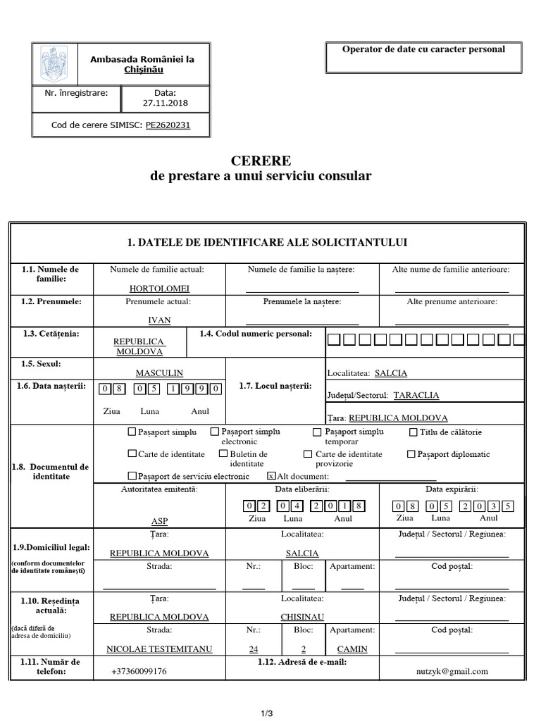 Cerere Servicii Consulare - Declaraţie Redobândire Cetătenie Domiciliu ...