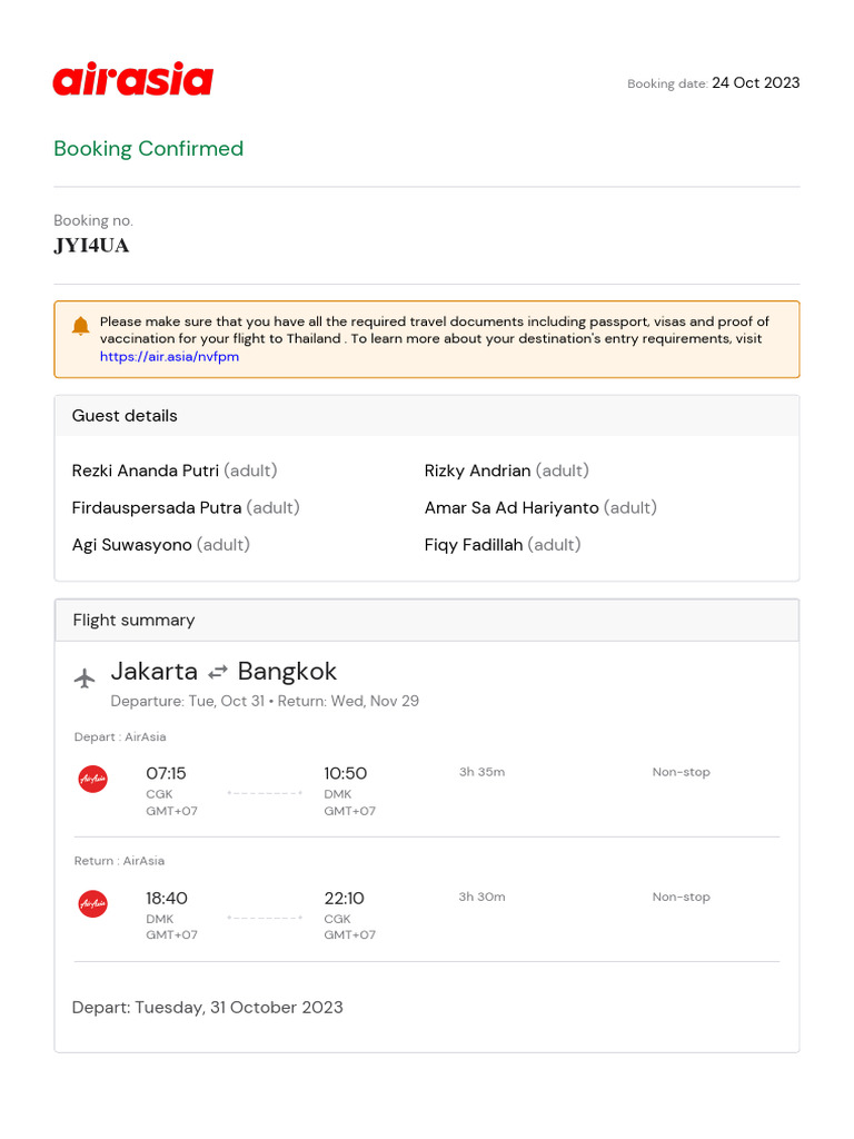 AirAsia Booking Confirmation: Jakarta to Bangkok | PDF | International Law