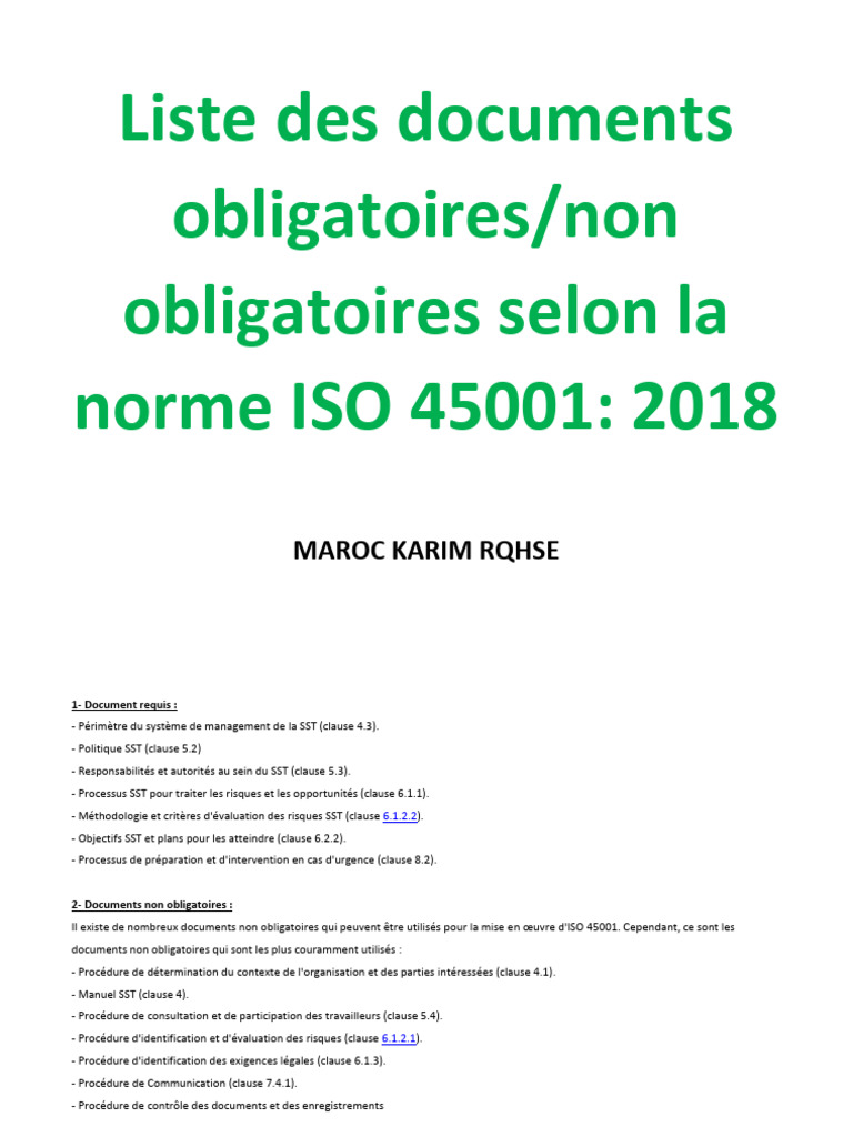 Documents ISO 45001: Obligatoires et Non | PDF
