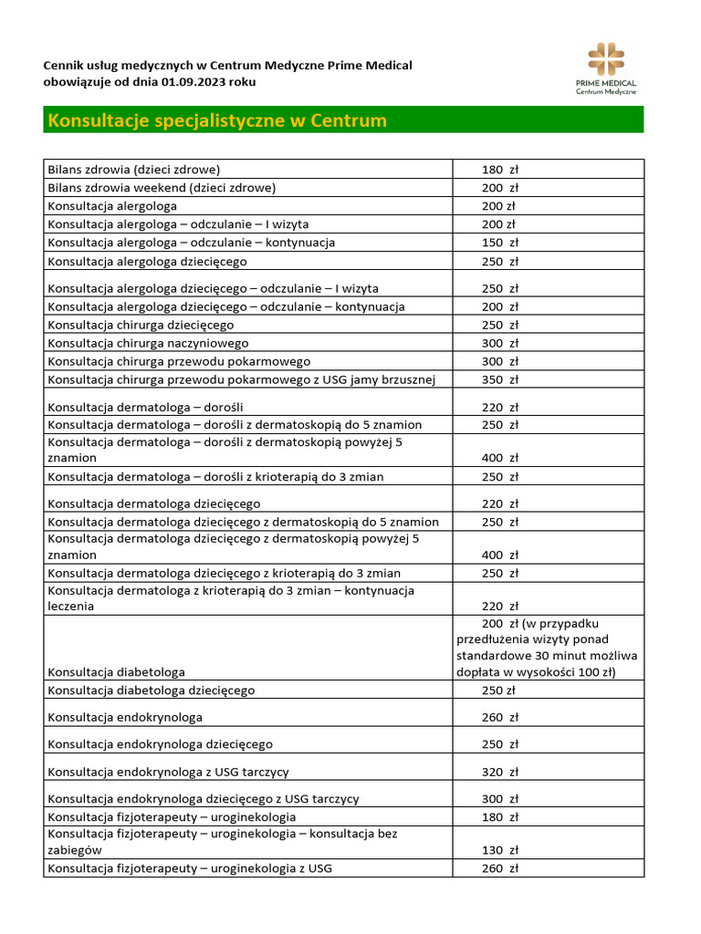 Cennik Uslug Centrum Medyczne Prime Medical Od 01.09.2023 | PDF