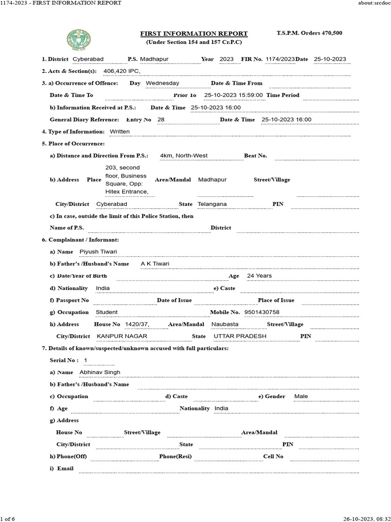 1174-2023 - First Information Report 2 | PDF | Justice | Crime & Violence