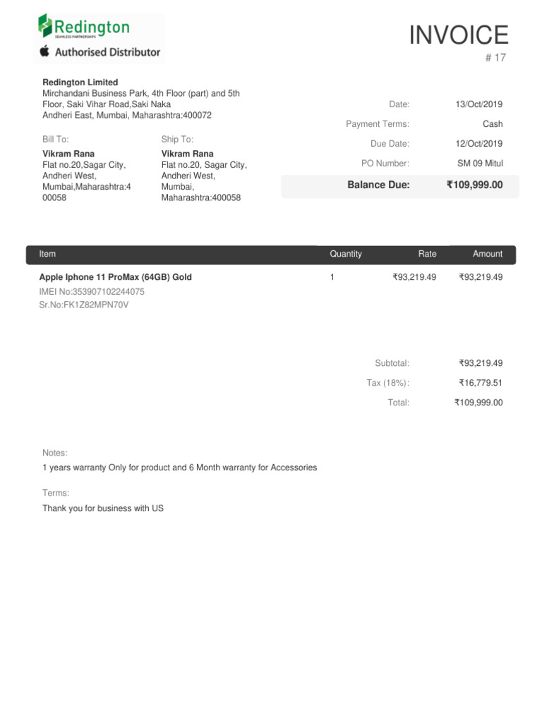 iPhone 11 ProMax Invoice #17 | PDF