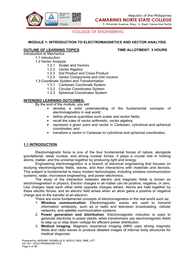 Module 1 Introduction To Electromagnetics | PDF | Euclidean Vector | Electromagnetic Radiation