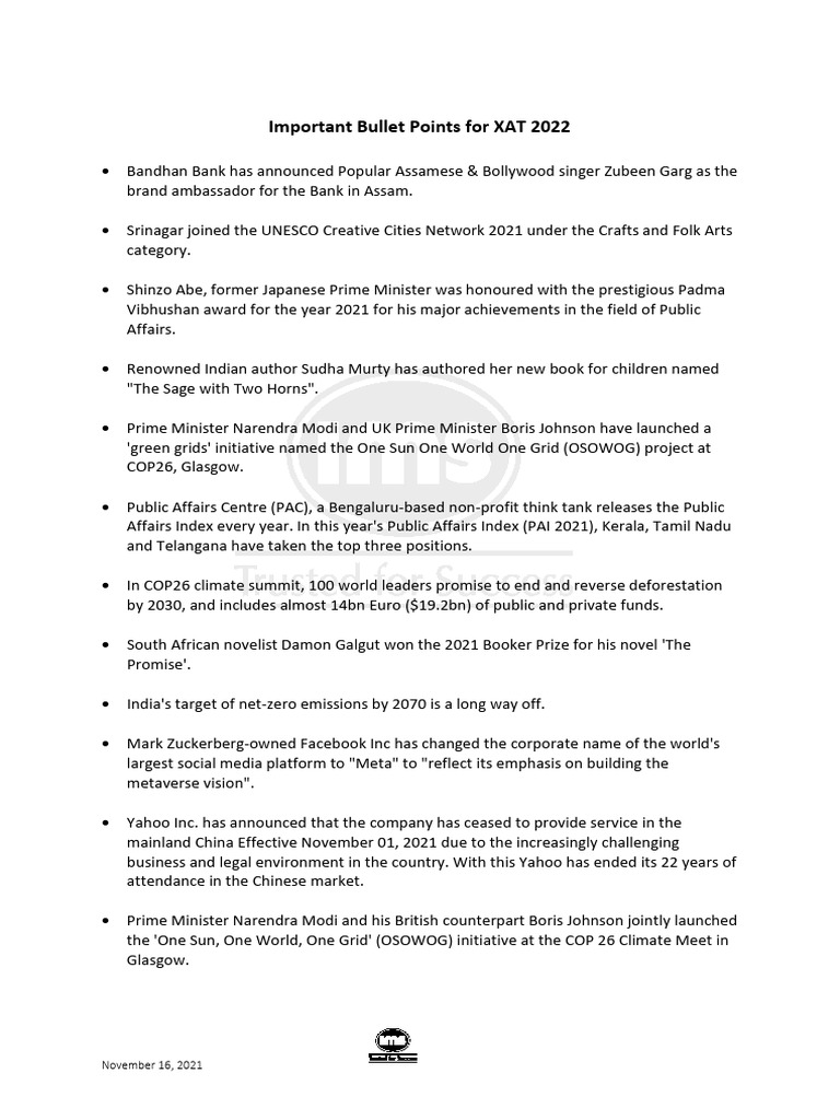 Important Bullet Points For XAT 2022: November 16, 2021 | PDF