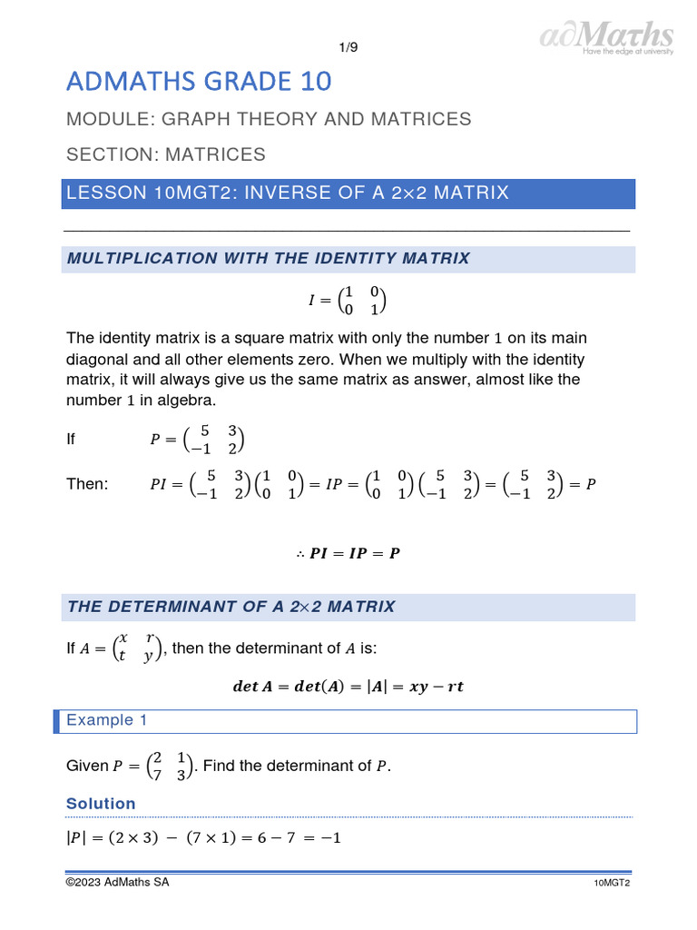 10MGT2 e 2x2 Inverse | PDF | Matrix (Mathematics) | Determinant
